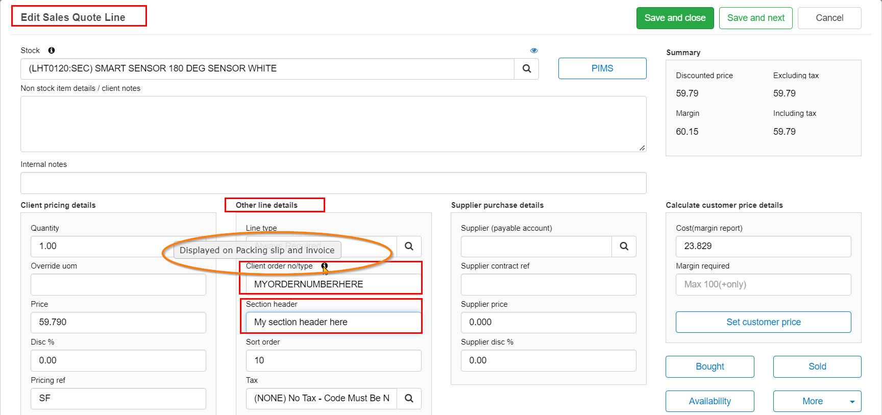 Client reference fields flow from Quote to Order, Packing Slip and ...