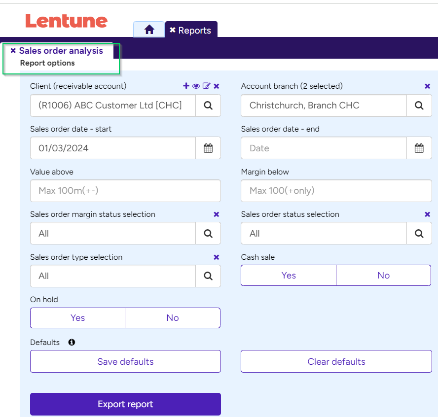 Sales Order Analysis Export Report – Lentune Wholesaler